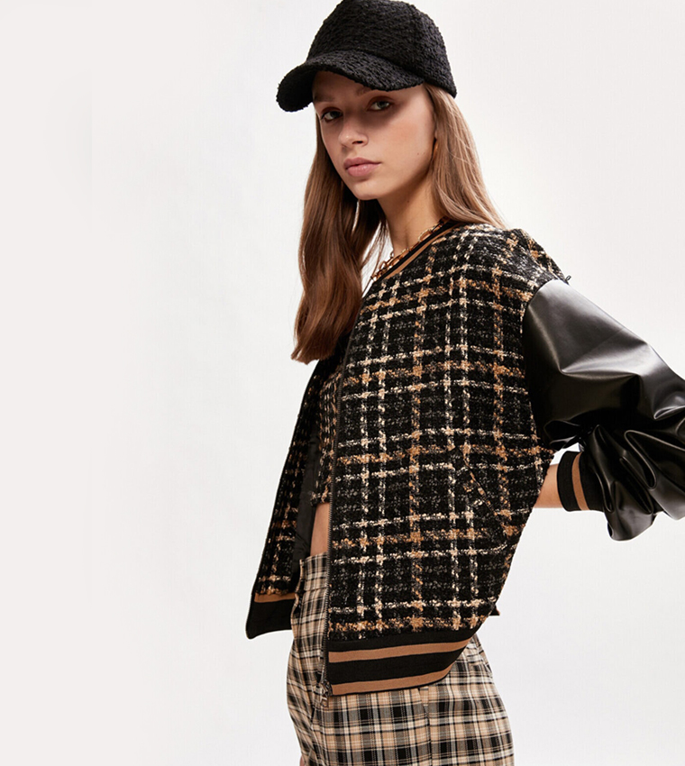 Buy Koton Plaid Detailed Zippered Tweed Jacket In Black | 6thStreet Oman