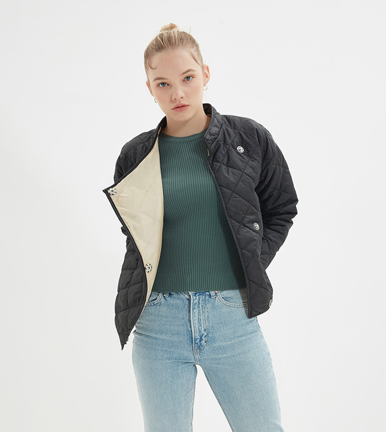 Buy Trendyol Oversize Snap Closure Quilted Coat In Black | 6thStreet UAE