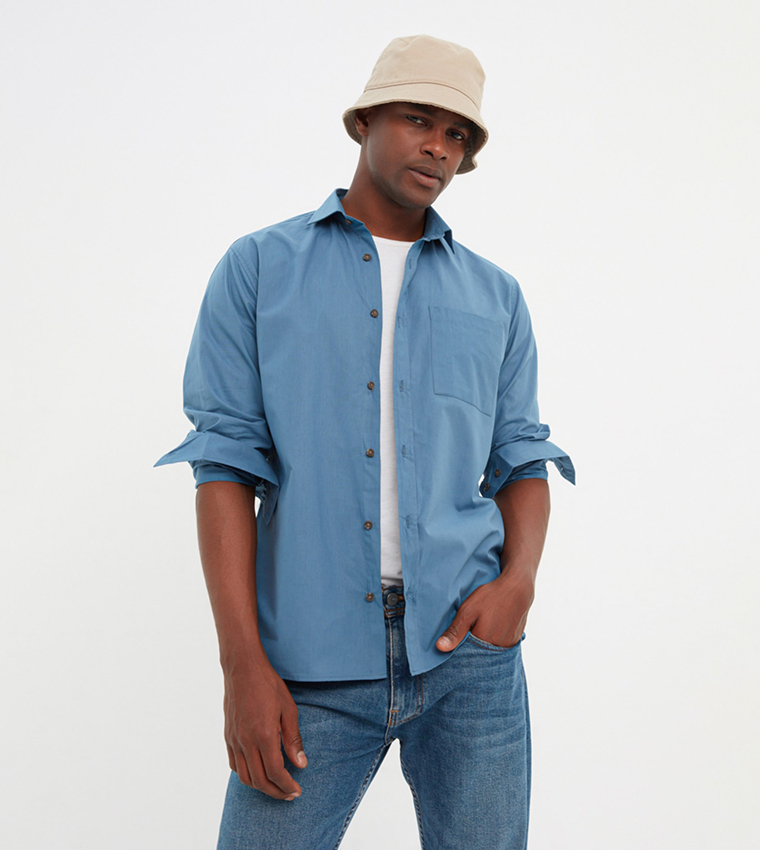 Buy Trendyol Relaxed Fit Single Pocket Buttoned Shirt In Blue ...