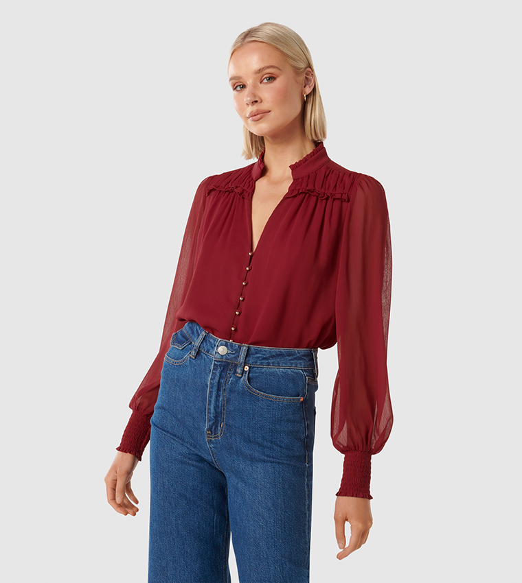 Buy Forever New ANASTASIA Ruched Yoke Top In Red | 6thStreet Kuwait