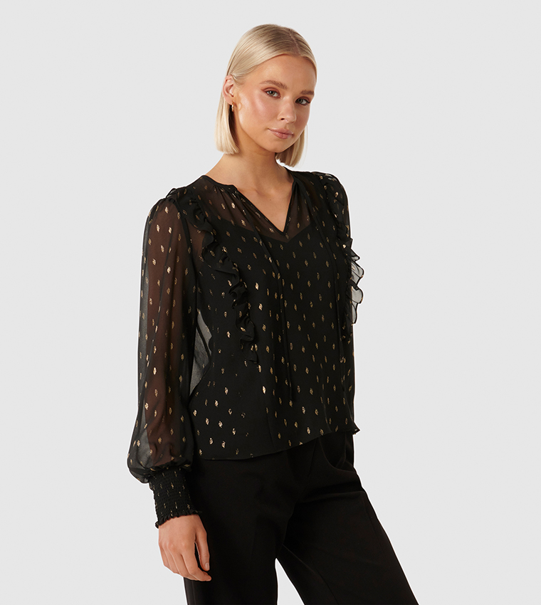 Buy Forever New SONYA Foil Detail Bishop Sleeves Top In Black ...
