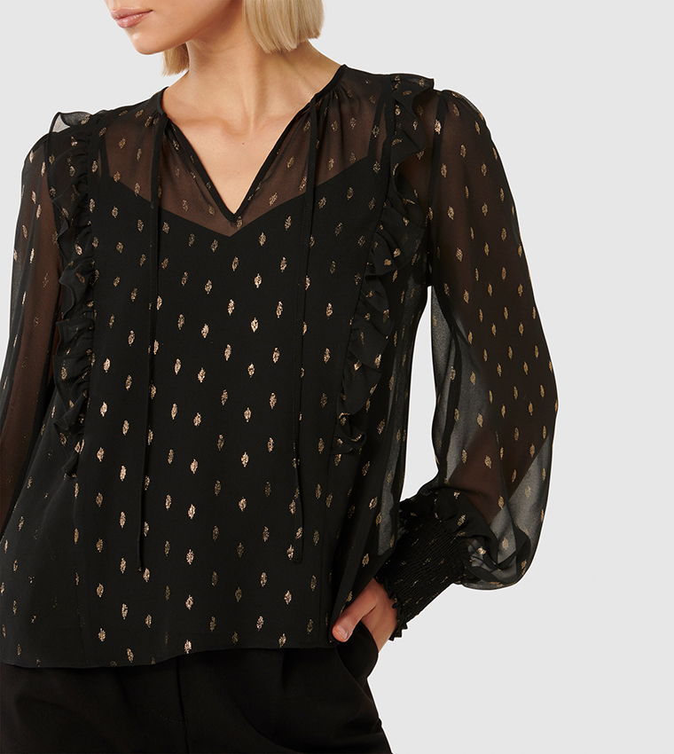 Buy Forever New SONYA Foil Detail Bishop Sleeves Top In Black ...