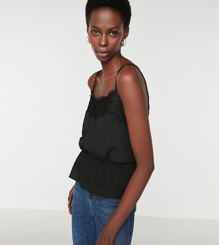 Buy Trendyol String Neck Peasant Top In Black | 6thStreet UAE