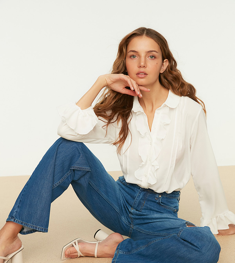 Buy Trendyol Solid Ruffled Neck Shirt In White | 6thStreet Bahrain