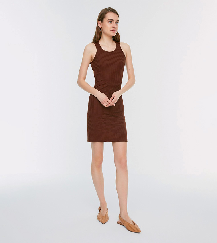 Buy Trendyol Solid Ribbed Mini Bodycon Dress In Brown | 6thStreet UAE