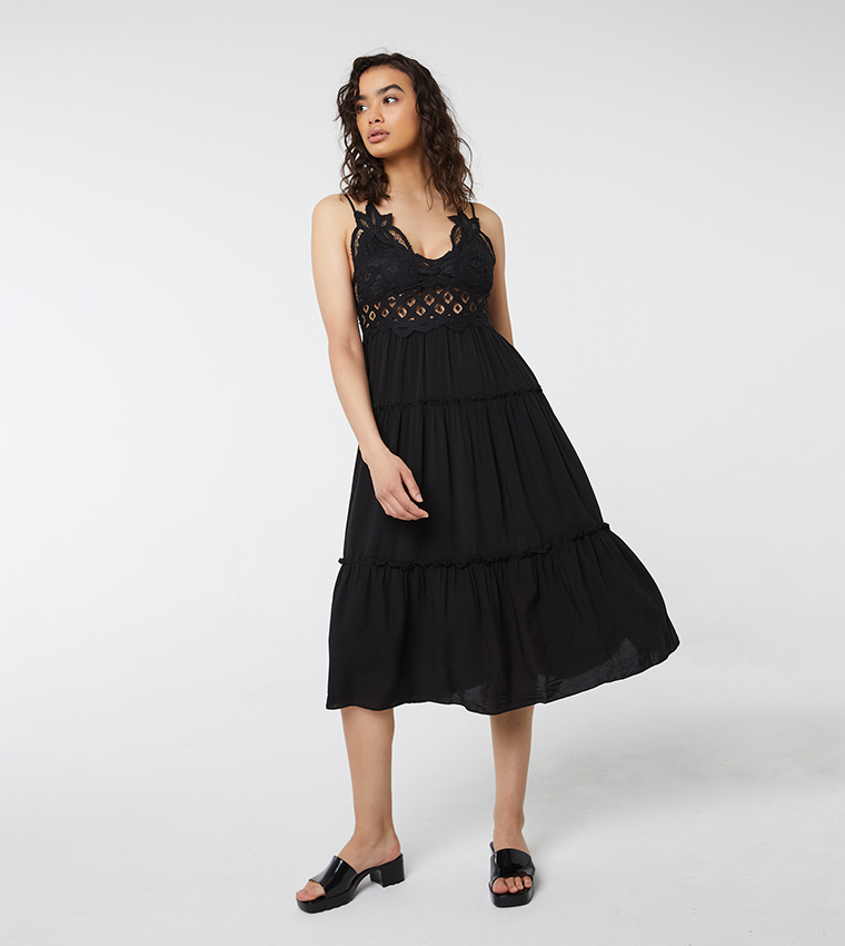 Buy Ardene Crochet Bodice Tiered Midi Dress In Black 6thstreet Bahrain