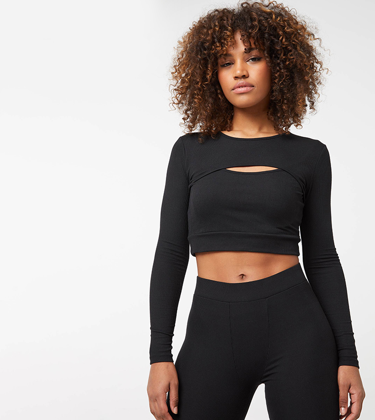 Buy Ardene Cutout Ultra Crop Ribbed Top In Black | 6thStreet UAE
