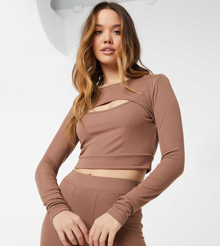 Buy Ardene Cutout Ultra Crop Ribbed Top In Brown | 6thStreet UAE