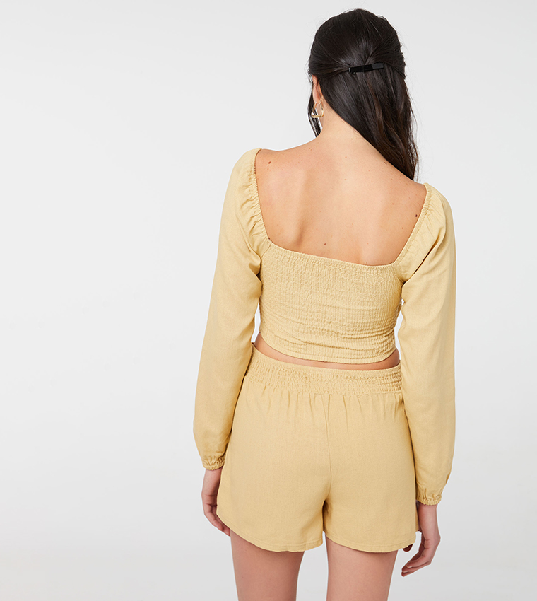 Buy Ardene Linen Smocked Back Shorts In Yellow | 6thStreet UAE
