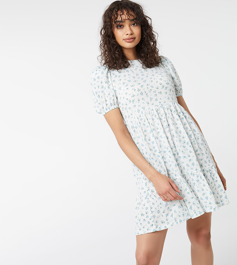 Buy Ardene Crêpe Bubble Sleeve Tiered Dress In White | 6thStreet UAE