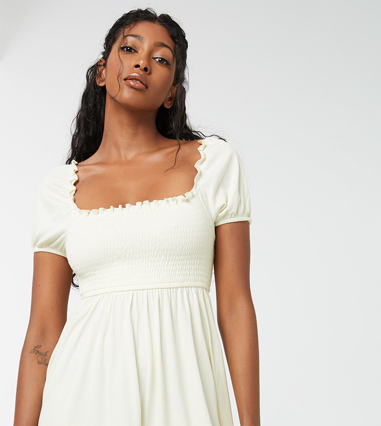 Buy Ardene Fit & Flare Dress With Puff Sleeves In Beige | 6thStreet UAE