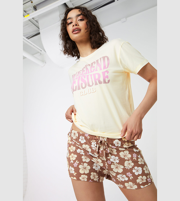 Buy Ardene Graphic Boxy T Shirt & Shorts Pyjama Set In Beige ...