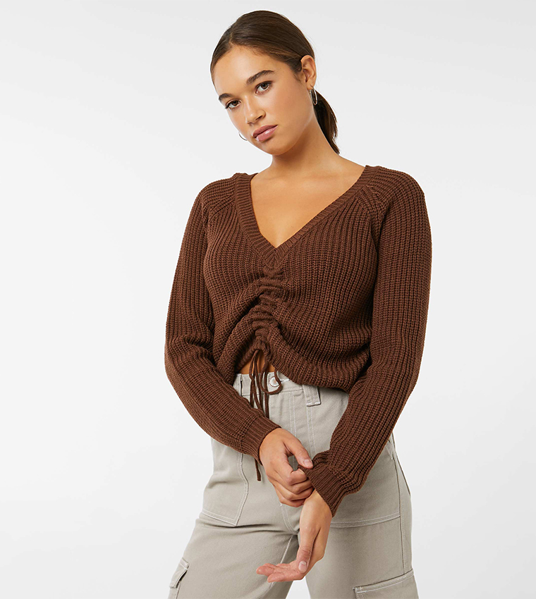 Buy Ardene Center Ruched V Neck Sweater In Brown | 6thStreet Qatar