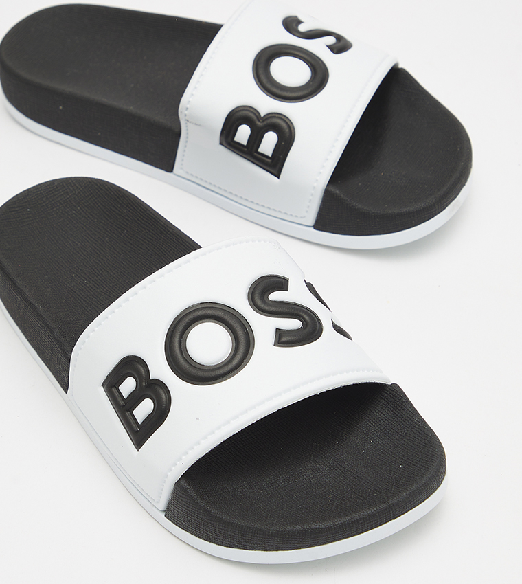Buy Boss Logo Embossed Sliders In White | 6thStreet Qatar