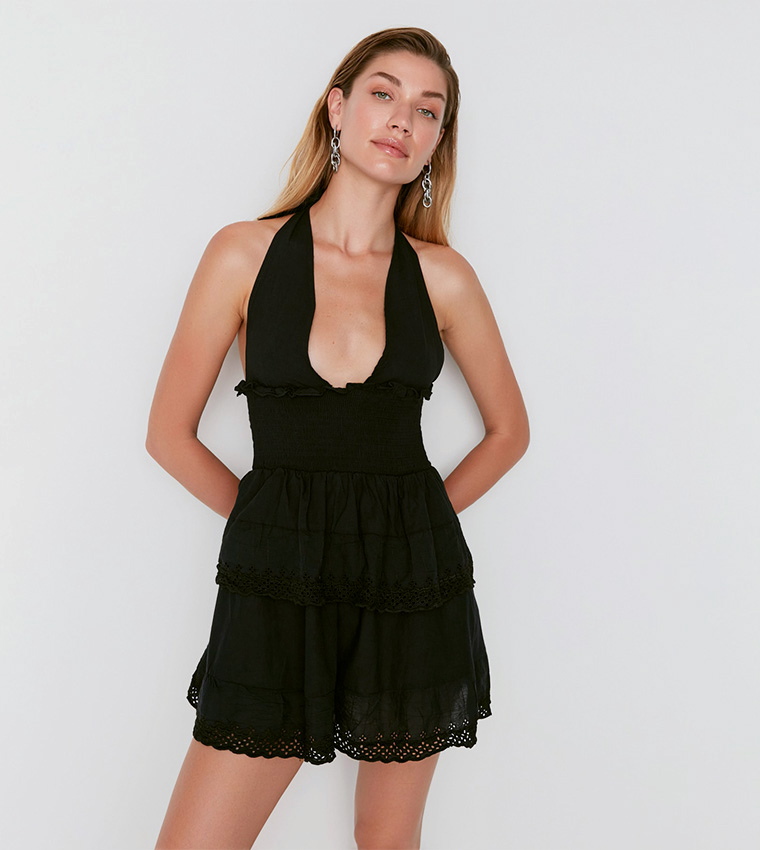 Buy Trendyol Brode Flounce Mini Dress In Black | 6thStreet Qatar