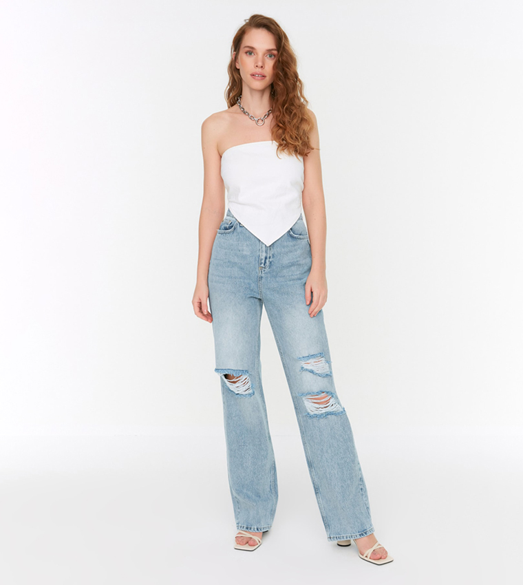 Buy Trendyol High Waist 90's Wide Leg Jeans In Blue | 6thStreet Qatar