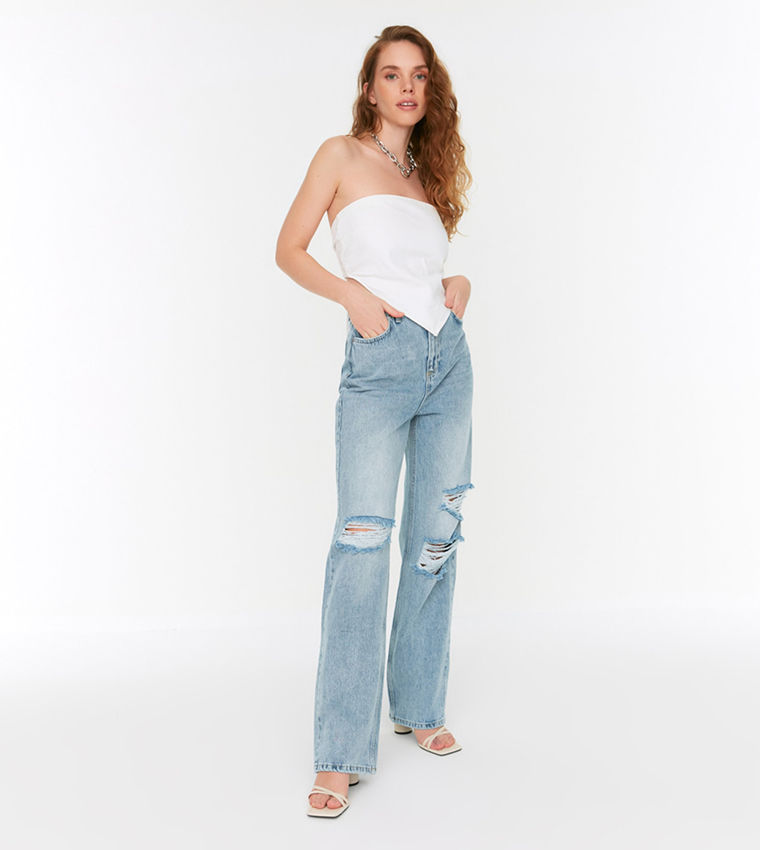 Buy Trendyol High Waist 90's Wide Leg Jeans In Blue | 6thStreet Qatar