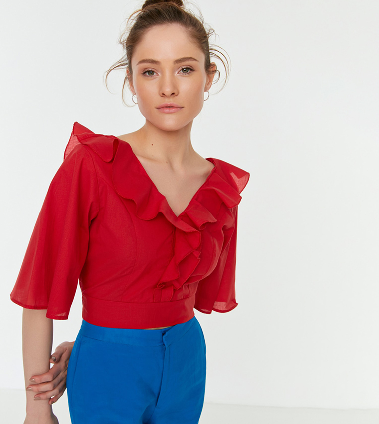 Buy Trendyol Solid Ruffle Top In Red | 6thStreet UAE