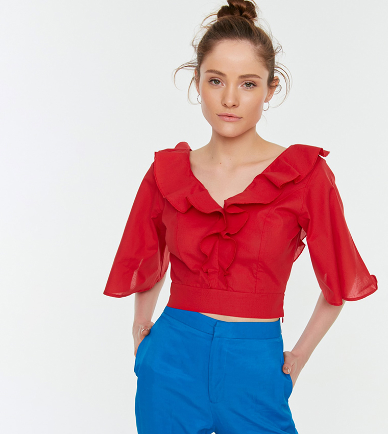Buy Trendyol Solid Ruffle Top In Red | 6thStreet UAE
