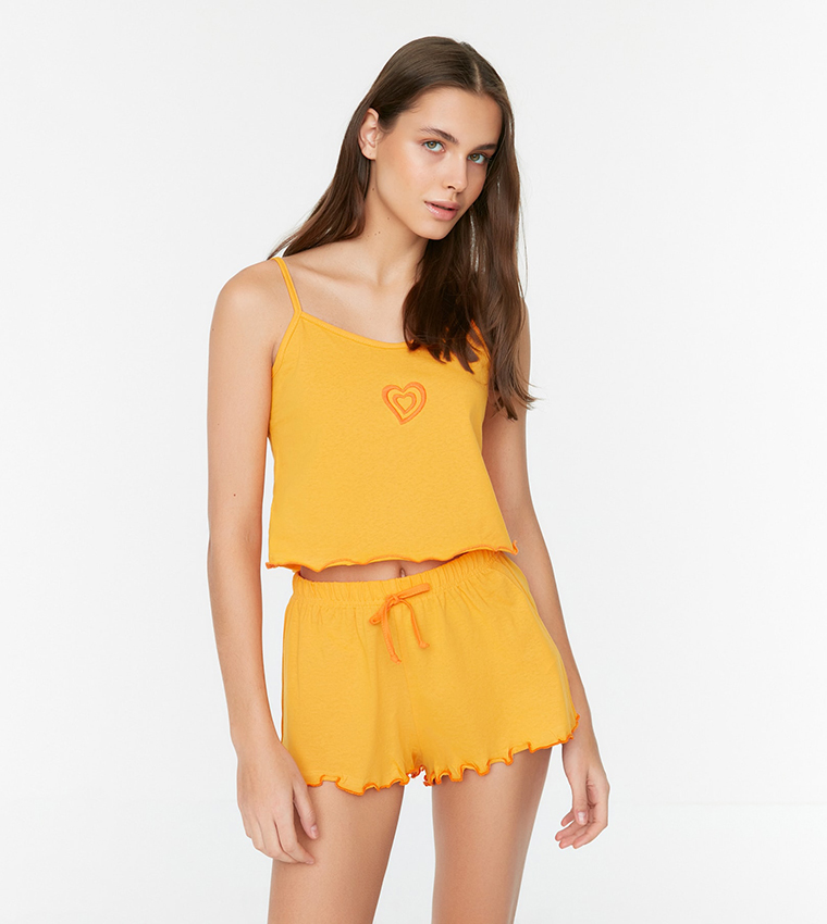 Buy Trendyol Embroidered Lettuce Hem Night Suit In Orange | 6thStreet Qatar