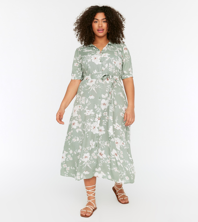 Buy Trendyol Floral Pattern Belted Woven Dress In White | 6thStreet UAE