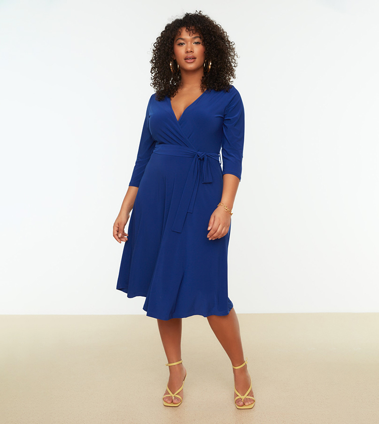 Buy Trendyol Double Breasted Collar Belted Dress In Blue | 6thStreet UAE