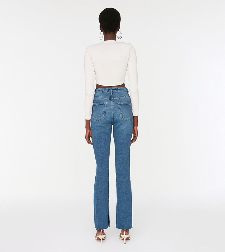 Buy Trendyol High Rise Slit Flare Jeans In Blue | 6thStreet Saudi Arabia