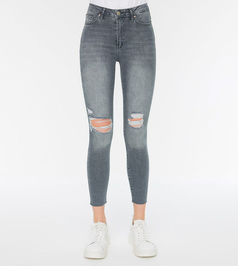 Buy Trendyol High Rise Slim Fit Ripped Jeans In Grey | 6thStreet Qatar