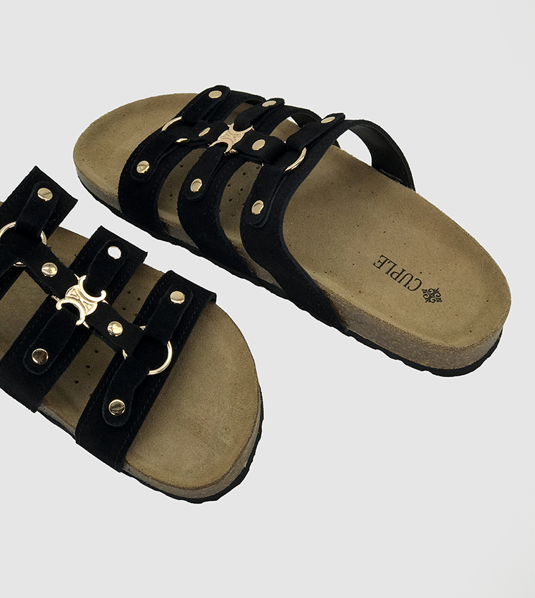 Buy Cuple Triple Strap Slide Sandals In Black | 6thStreet UAE