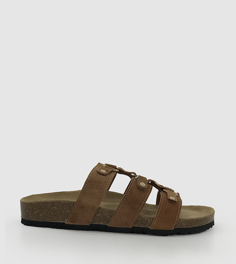 Buy Cuple Triple Strap Slide Sandals In Brown | 6thStreet UAE