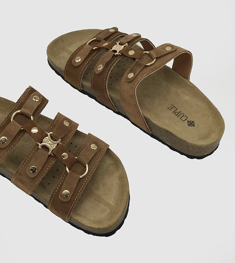 Buy Cuple Triple Strap Slide Sandals In Brown | 6thStreet UAE