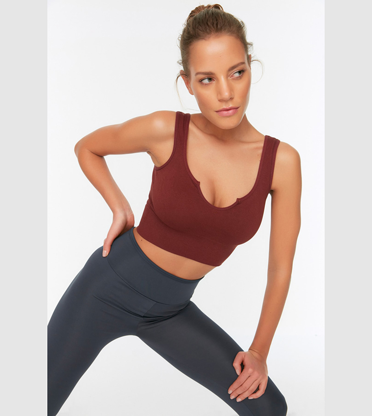 Buy Trendyol Seamless Collar Detailed Sports Bra In Brown | 6thStreet Oman