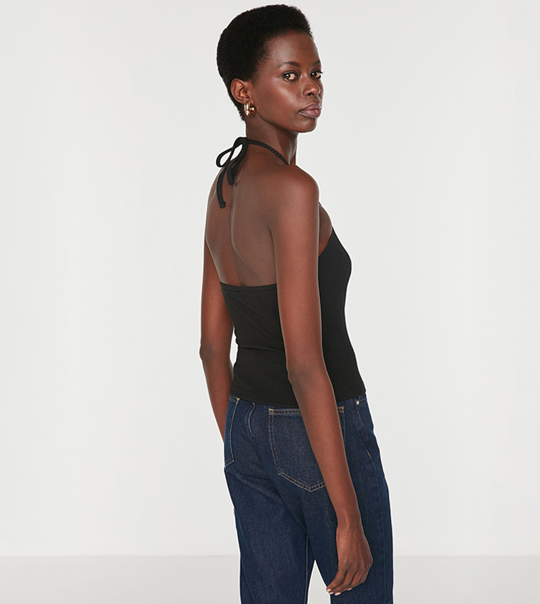Buy Trendyol String Neck Solid Top In Black | 6thStreet Qatar