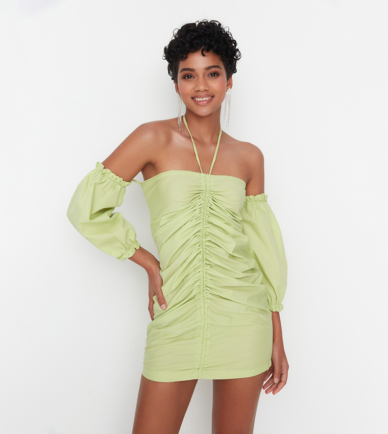 Buy Trendyol String Neck Ruched Mini Dress In Mint | 6thStreet Oman