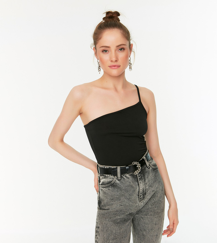 Buy Trendyol Single Strap Crop Knitted Top In Black | 6thStreet UAE