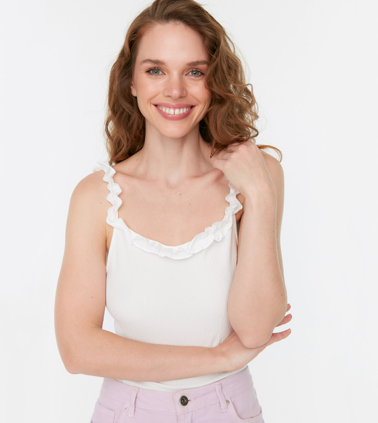 Buy Trendyol Frilly Knitted Top In White | 6thStreet Bahrain