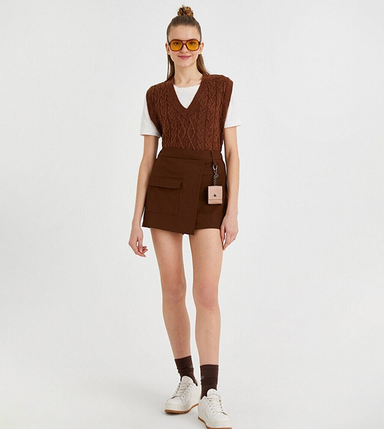 Buy Koton Solid Wrap Over Mini Skirt In Brown | 6thStreet Oman