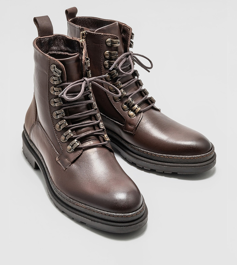 Buy Elle Outlet Leather Lace Up Ankle Boots In Brown | 6thstreet Saudi ...