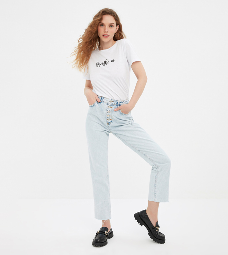 Buy Trendyol High Waist Straight Jeans In Blue | 6thStreet Bahrain