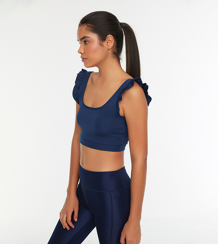 Buy Trendyol Solid Ruffle Detailed Support Sports Bra In Blue ...