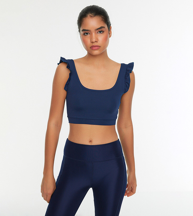 Buy Trendyol Solid Ruffle Detailed Support Sports Bra In Blue ...