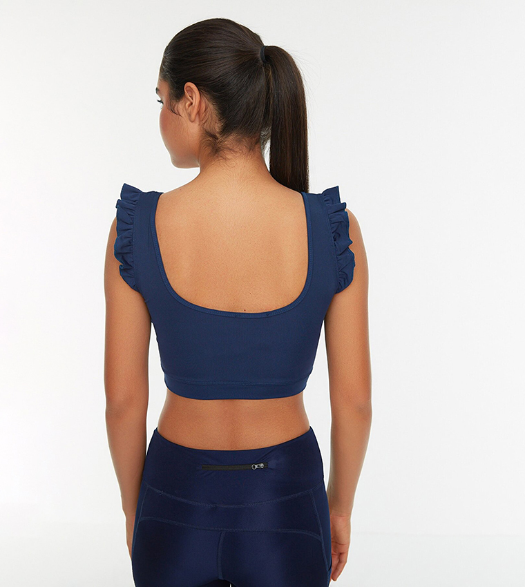 Buy Trendyol Solid Ruffle Detailed Support Sports Bra In Blue ...