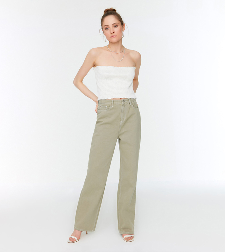 Buy Trendyol High Waist 90's Wide Leg Jeans In Khaki | 6thStreet Qatar