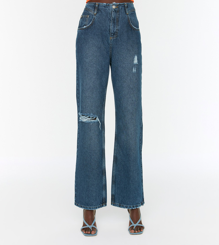 Buy Trendyol Ripped High Waist 90'S Wide Leg Jeans In Blue | 6thStreet Oman