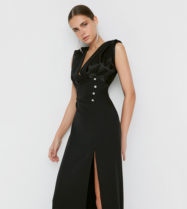 Buy Trendyol Pleated Slit Evening & Graduation Maxi Dress In Black ...