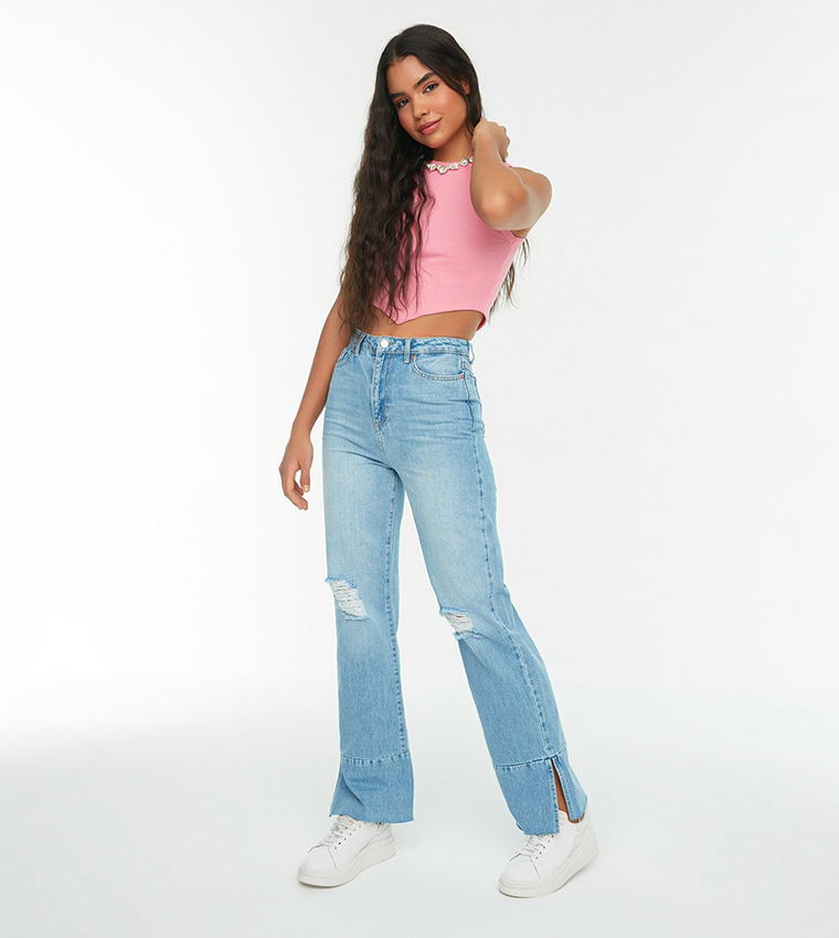 Buy Trendyol High Rise Ripped Flare Jeans In Blue | 6thStreet UAE