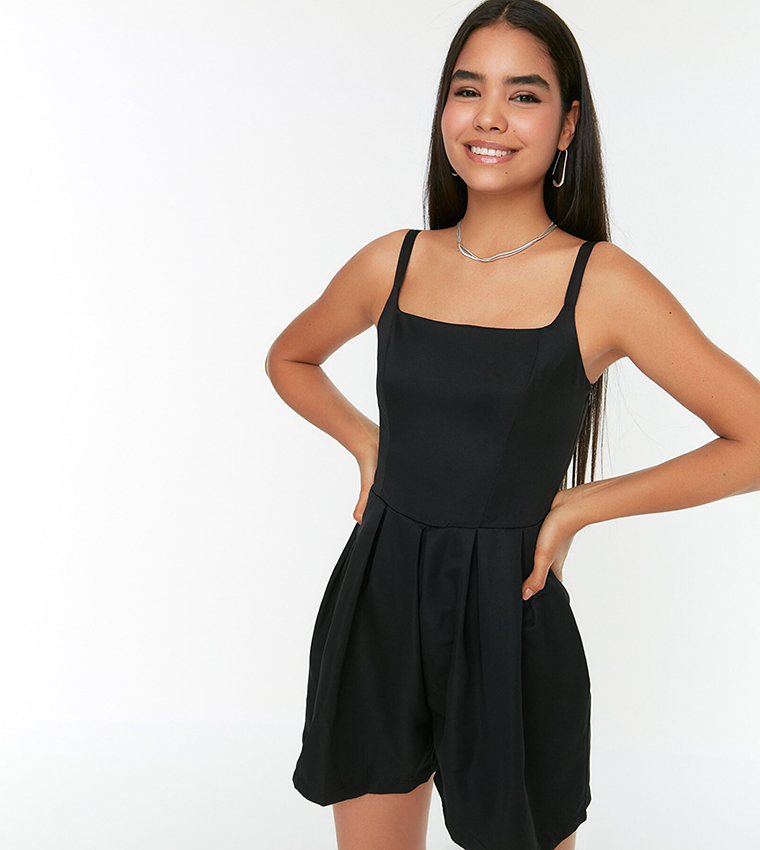 Buy Trendyol Solid Pleated Romper In Black | 6thStreet Qatar