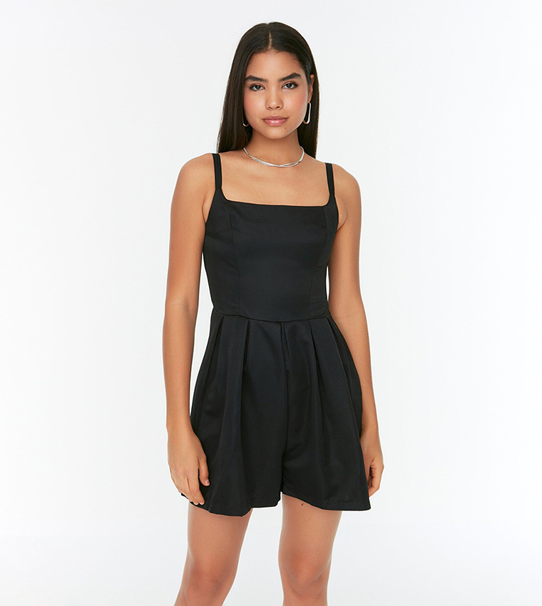 Buy Trendyol Solid Pleated Romper In Black | 6thStreet Qatar
