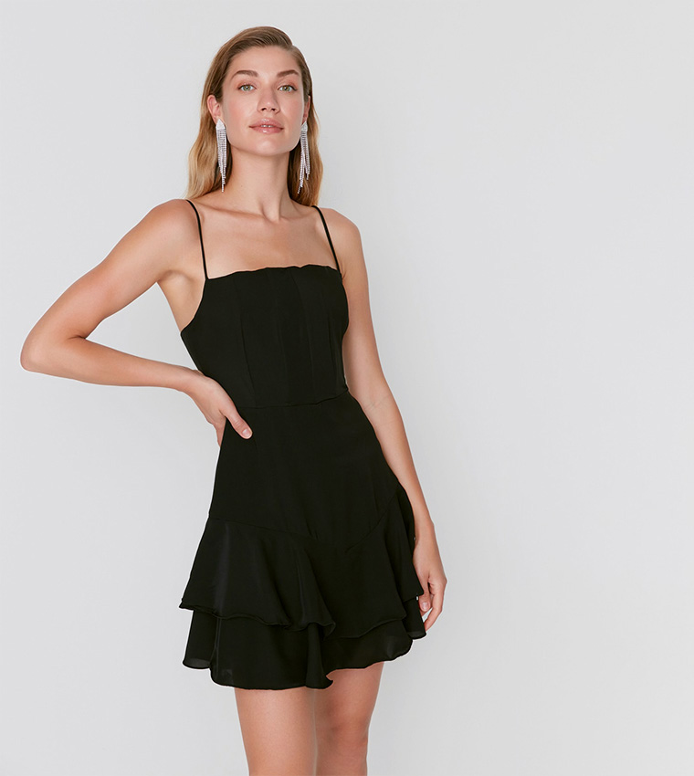 Buy Trendyol A Line Flounce Mini Dress In Black | 6thStreet UAE