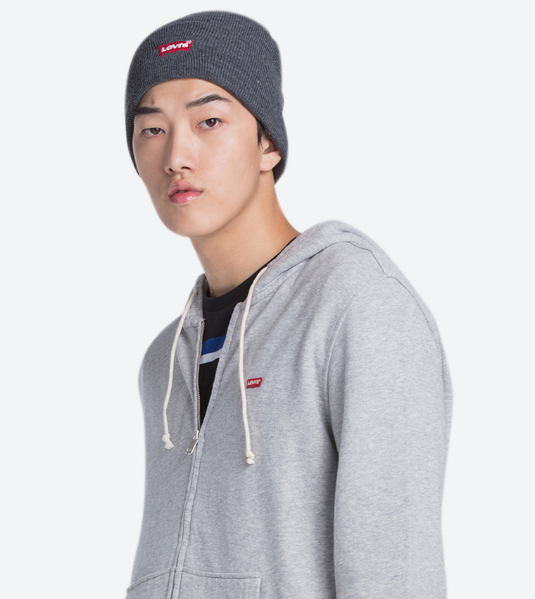 Buy Levi's Slouchy Beanie Cap With Embroidered Batwing Logo In Grey ...